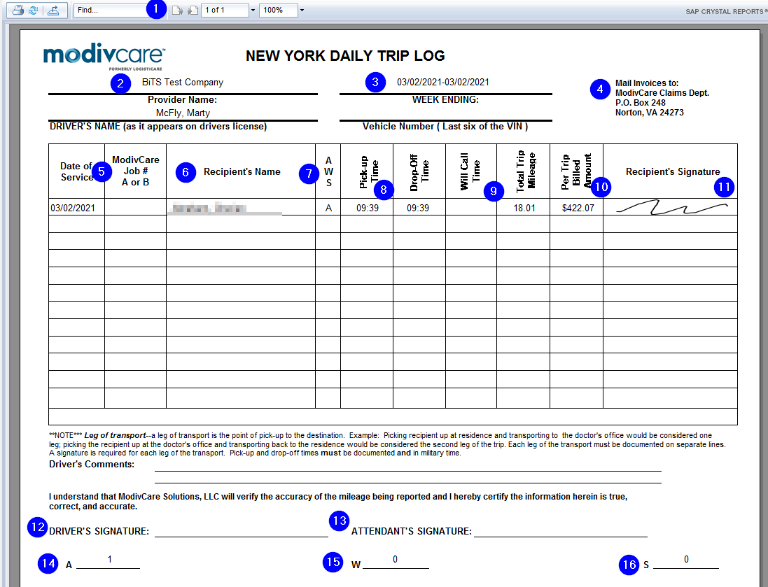 The ModivCare NY Daily Trip Log Report